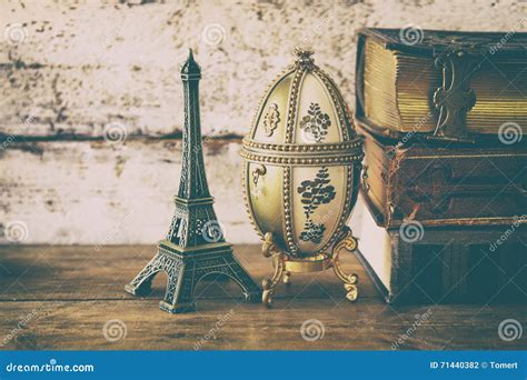Image Of Feberge Egg Decorative Eiffel Tower And Vintage Books Stock