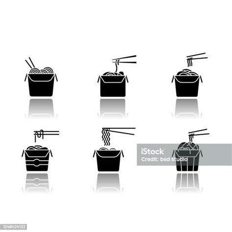 국수를 꺼내그림자 블랙 글리프 아이콘 세트를 가져 가라 갈 중국 음식 웍 카페 패키지 테이크 아웃 아시아 식사와 젓가락 골판지 상자 공백에 대한 격리된 벡터 그림 개념에