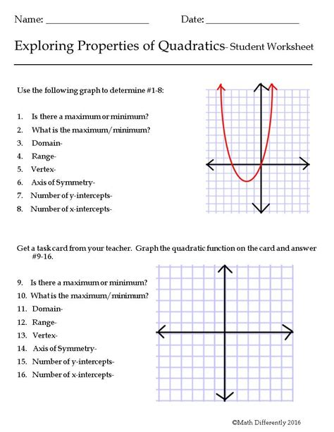 Characteristics Of Quadratic Functions Practice Worksheet A Answer