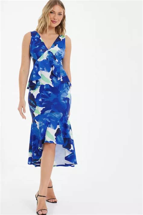 Royal Blue Floral Frill Midi Dress Quiz Clothing