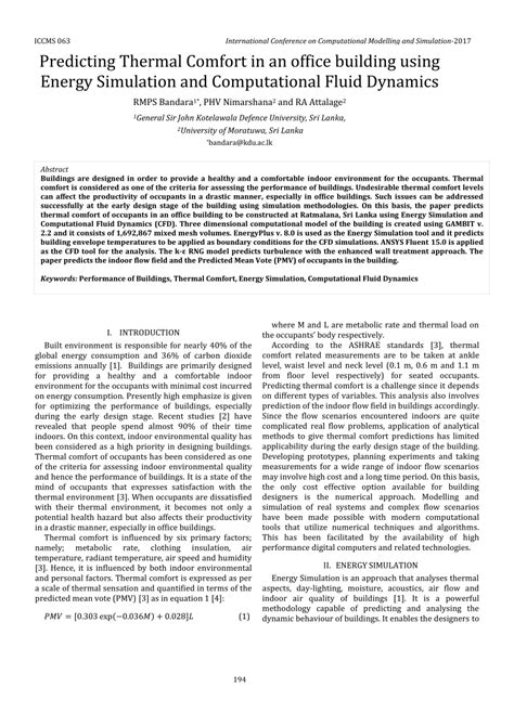 Pdf Predicting Thermal Comfort In An Office Building Using Energy Simulation And Computational