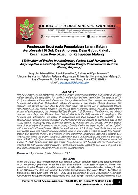 PDF Pendugaan Erosi Pada Pengelolaan Lahan Sistem Agroforestri Di Sub