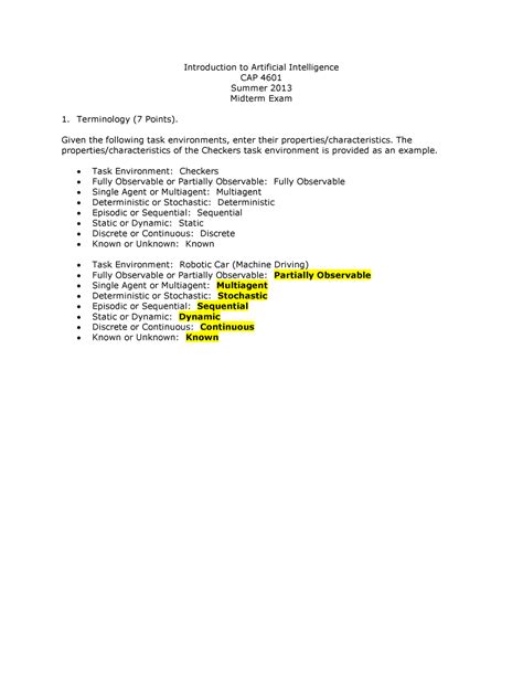 Midterm Answers Introduction To Artificial Intelligence Cap 4601 Summer 2013 Midterm Exam 1