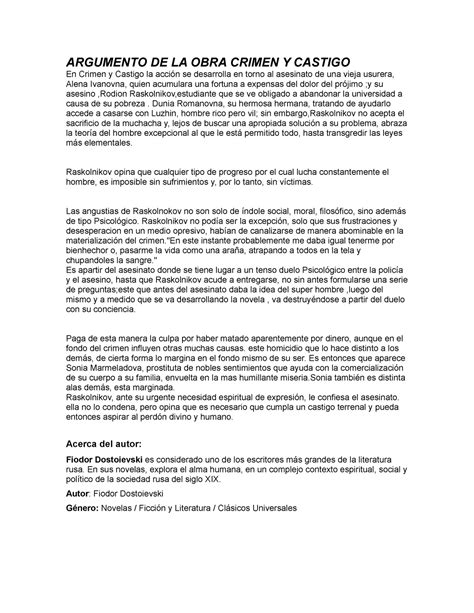 Argumento DE LA OBRA Crimen Y Castigo ARGUMENTO DE LA OBRA CRIMEN Y