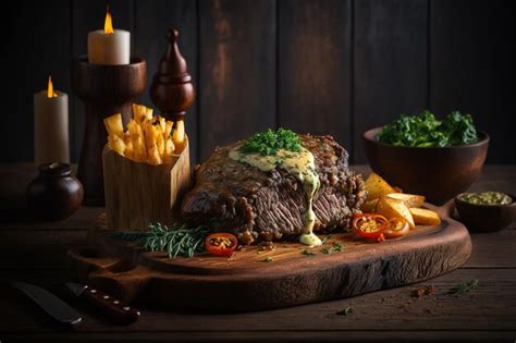 Premium Ai Image Fried Meat Steak Medium Rare On Table Wooden Desk