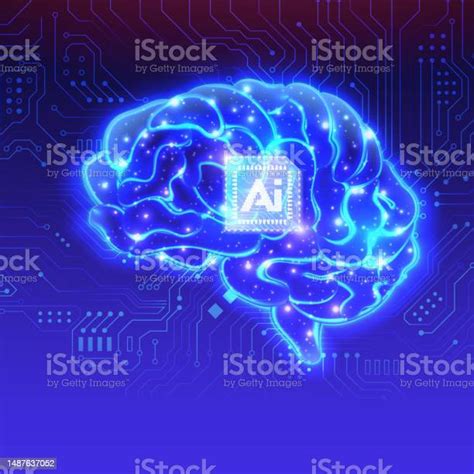 Ai 기술 개념 칩셋은 미래 지향적인 스타일의 보라색 파란색 회로 기판 배경에 있는 추상적인 시니 그라데이션 두뇌에 있습니다