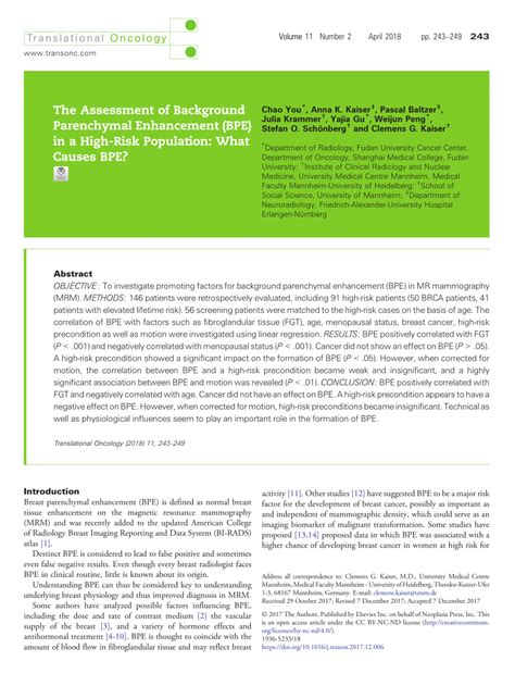 Pdf The Assessment Of Background Parenchymal Enhancement Bpe In A