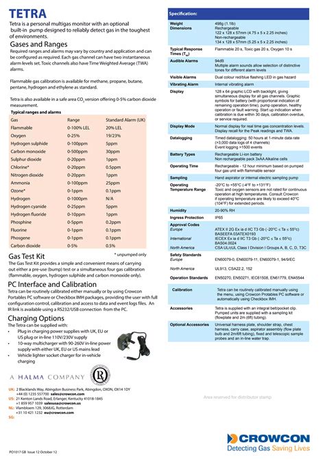 Crowcon Tetra Portable Gas Detector Spec Sheet Pdf