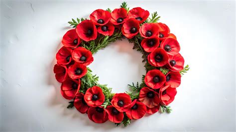 Red Poppy Wreath With Greenery On White Surface Remembrance Day Symbol