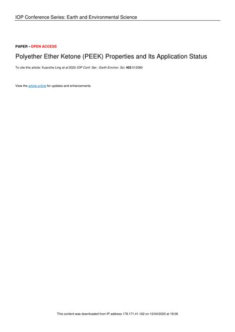 Pdf Polyether Ether Ketone Peek Properties And Its Application Status