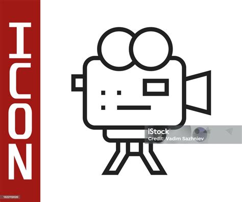 흰색 배경에 격리 된 블랙 라인 복고풍 시네마 카메라 아이콘 비디오 카메라 영화 기호입니다 필름 프로젝터 벡터 0명에 대한 스톡