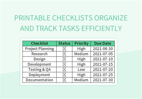 printable checklists organize and track tasks efficiently excel