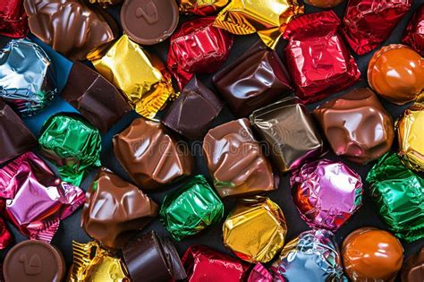 Colorful Assorted Chocolates Stacked On Top Of Each Other With Shiny