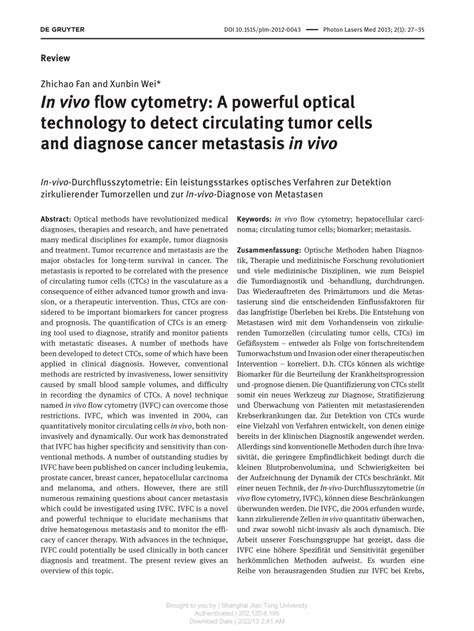 Pdf In Vivo Flow Cytometry A Powerful Optical Technology To Detect Circulating Tumor Cells
