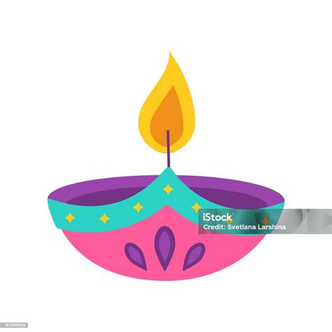 디왈리 디야 램프 빛의 인도 축제 아이콘입니다 흰색 바탕에 화려한 Deepavali 기호입니다 평면 만화 스타일의 벡터 그림