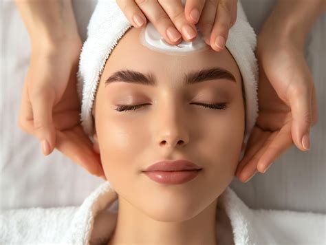 A Woman Lays With Towel And Closed Eyes Getting Face Treatment Skin