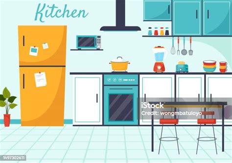 Ilustrasi Vektor Arsitektur Dapur Dengan Furnitur Dan Interior Seperti