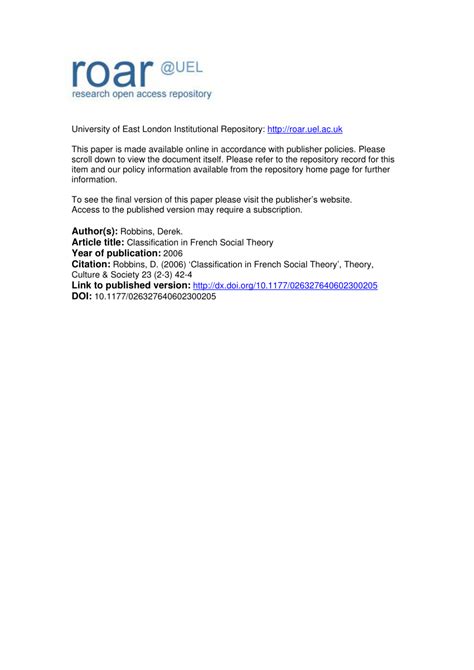 Pdf Classification In French Social Theory