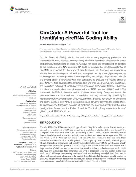 Pdf Circcode A Powerful Tool For Identifying Circrna Coding Ability