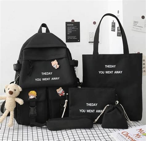 ᐉ Рюкзак 5 в 1 школьный для девочки черный набор рюкзак шоппер пенал сумочка кошелек