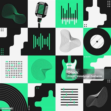 다양한 기하학적 모양 물체 및 악기가있는 추상 미술 구성 포스터 디자인 음악 개념 배경 배너 브로셔 전단지 또는 간판용 그래픽 디자인 음악에 대한 스톡 벡터 아트 및 기타