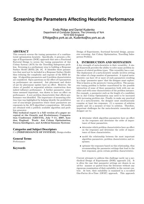 Pdf Screening The Parameters Affecting Heuristic Performance