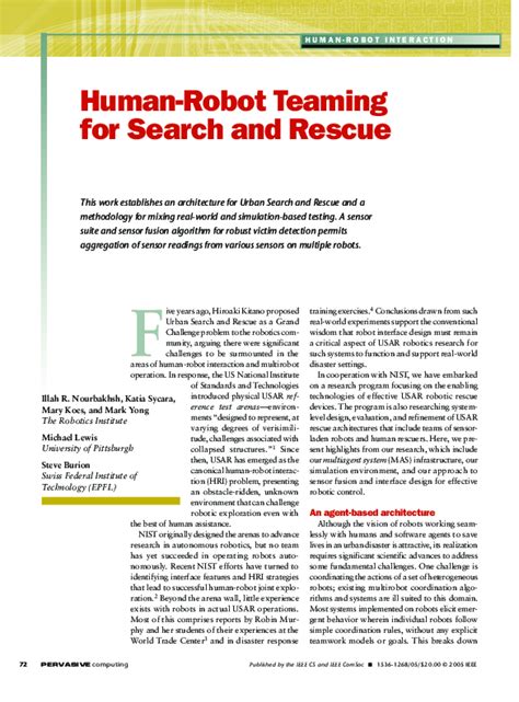 Pdf Human Robot Teaming For Search And Rescue Michael Lewis