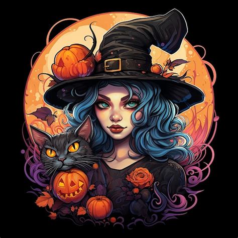 Colorful Halloween Witch With Cat Premium Ai Generated Image