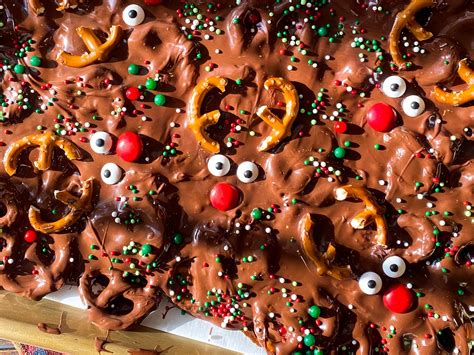 Reindeer Chocolate Covered Pretzel Bark Eatsbyramya