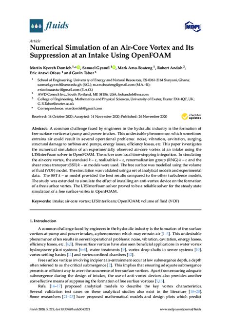 Pdf Numerical Simulation Of An Air Core Vortex And Its Suppression At An Intake Using Openfoam