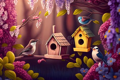 Nest Boxes Of Colorful Spring Birds Ai Generative Stock Illustration