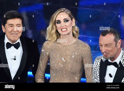 From Left Gianni Morandi Chiara Ferragni And Amadeus Attend The First