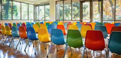 A Row Of Brightly Colored Chairs Are Neatly Arranged In A Room Stock