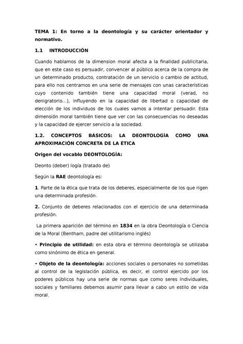 TEMA Deontología y su carácter orientador y normativo TEMA En torno a la deontología y su