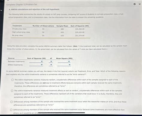Solved 6 ANOVA Calculations And Rejection Of The Null Chegg Com