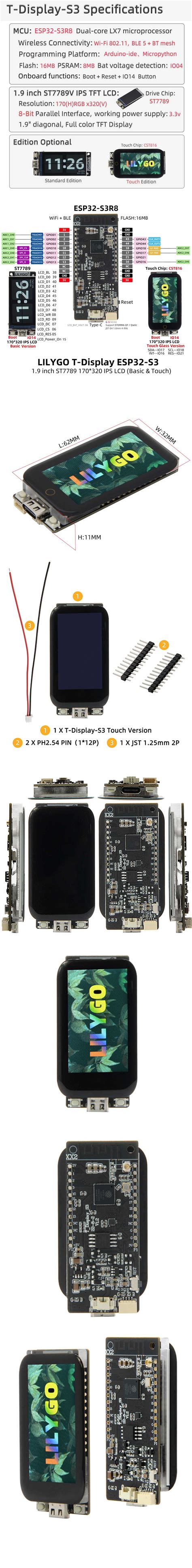 Lilygo T Display S3 Touch Glass Edition 19inch Lcd Display Module Ful
