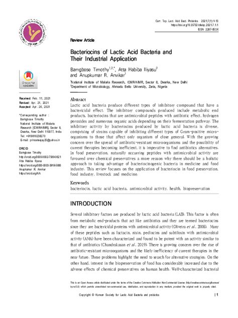 Pdf Bacteriocins Of Lactic Acid Bacteria And Their Industrial Application