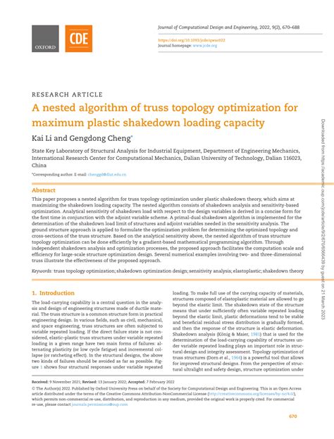 PDF A Nested Algorithm Of Truss Topology Optimization For Maximum Plastic Shakedown Loading