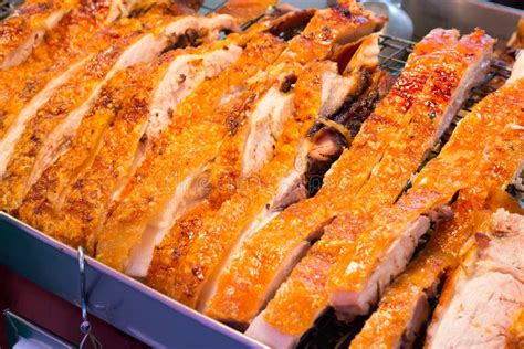 Close Up Thai Roasted Crispy Pork On Banana Leaf Stock Image Image Of