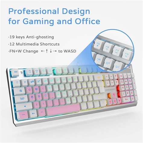 Lumsburry White Gaming Keyboard Rainbow LED Backlit 19 Anti Ghosting