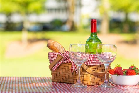 Picnic Bottle Of Wine With Glasses Strawberryromance Stock Image