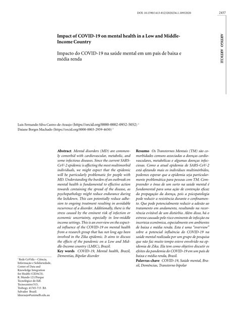 Pdf Impact Of Covid 19 On Mental Health In A Low And Middle Income