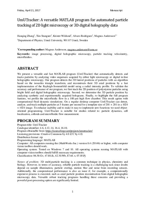 Pdf Umutracker A Versatile Matlab Program For Automated Particle Tracking Of 2d Light