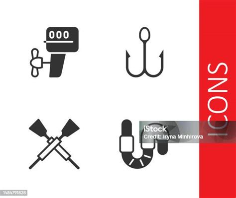 웜 선외 보트 모터 교차 노 패들 및 낚시 후크 아이콘을 설정합니다 벡터 강에 대한 스톡 벡터 아트 및 기타 이미지 강 건강관리와 의술 검은색 Istock