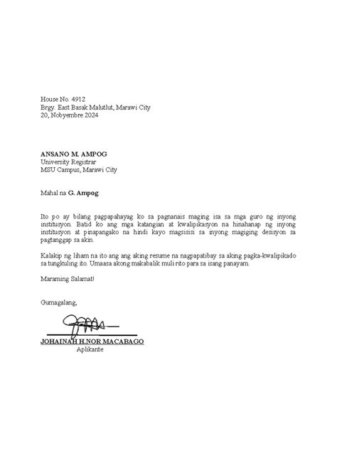 FIL103 Liham NA Humihingi NG Mapapasukan AT Resume House No 4912