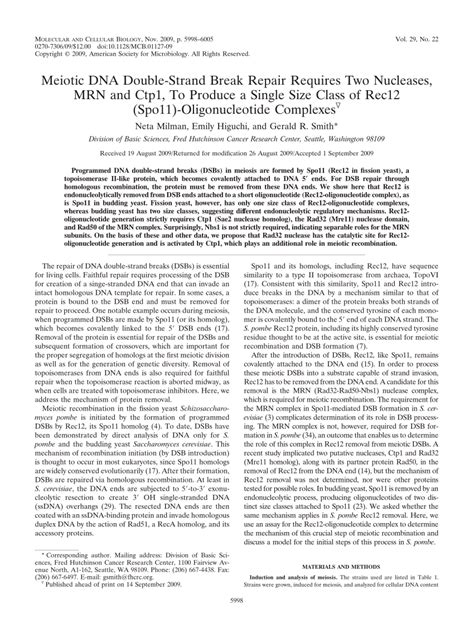 Pdf Meiotic Dna Double Strand Break Repair Requires Two Nucleases