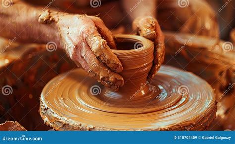 Making A Clay Pot With Hands On Potter Wheel Turning Mud Stock