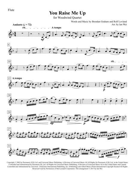 You Raise Me Up By Rolf Lovland Woodwind Quartet Digital Sheet