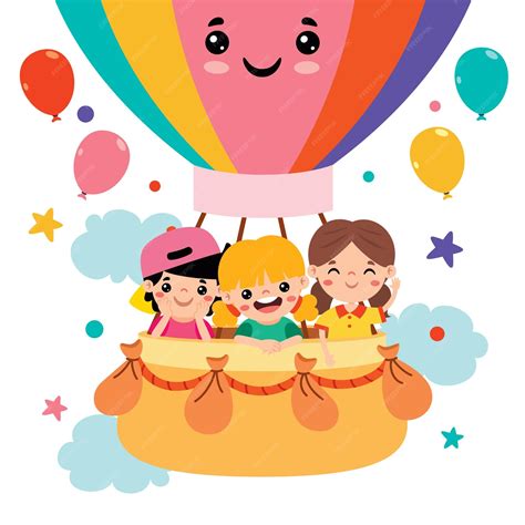 Niños De Dibujos Animados Montando Un Globo Aerostático Vector Premium