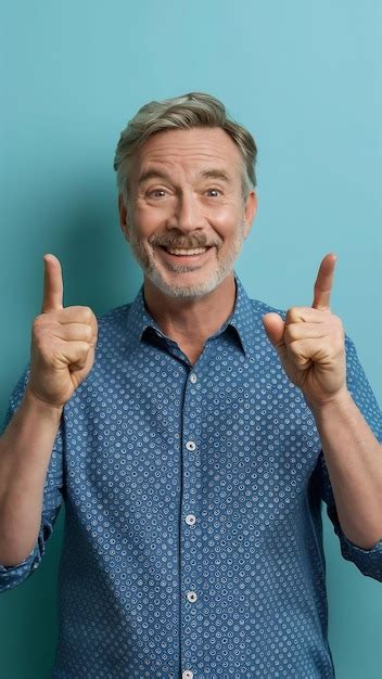 Pleased Middle Aged Man Smiling Pointing Fingers Up Premium Ai